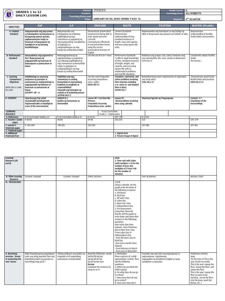 Grade 2 Daily Lesson Log: Week 7 | PDF