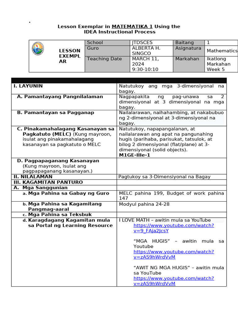 Lesson Exemplar Math 1 Q3 Week 5 | PDF