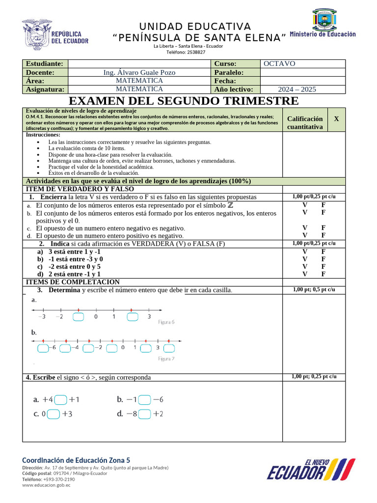 Examen Matemáticas 8vo Grado 2024-2025 | PDF | Evaluación | Entero