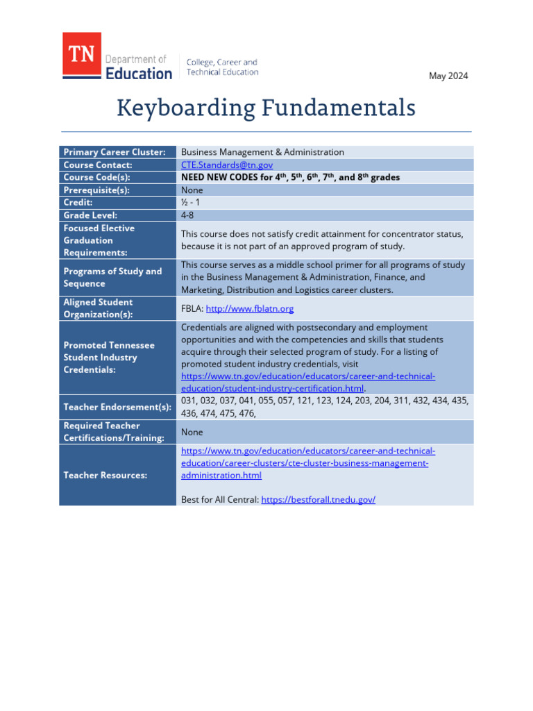 8-4-23 III C CTE Course Standards - Attachment 40 Keyboarding Fundamentals Clean | PDF | Human ...