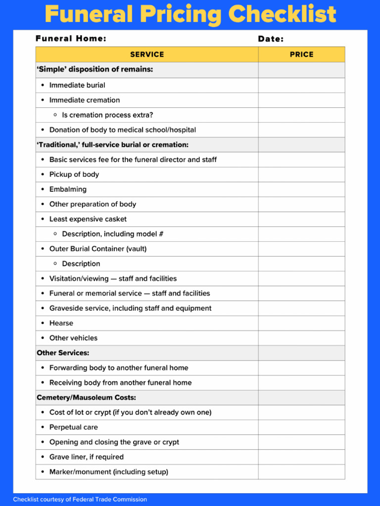 Funeral Pricing Checklist | PDF