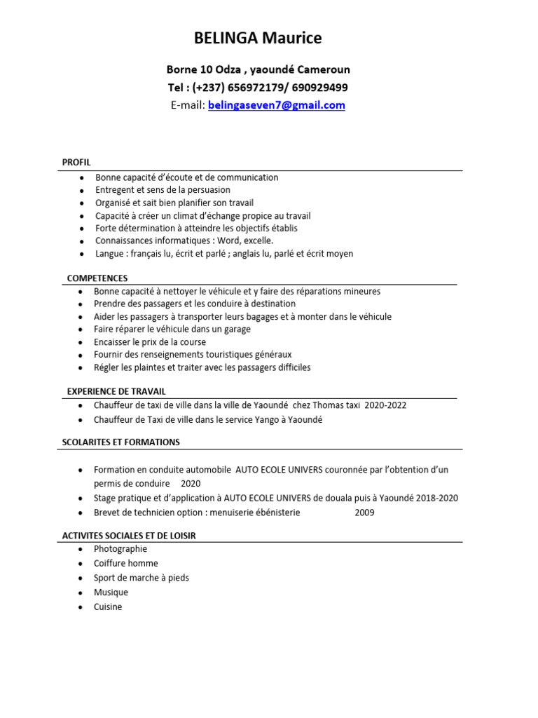 CV de Belinga Maurice - Chauffeur de Taxi | PDF