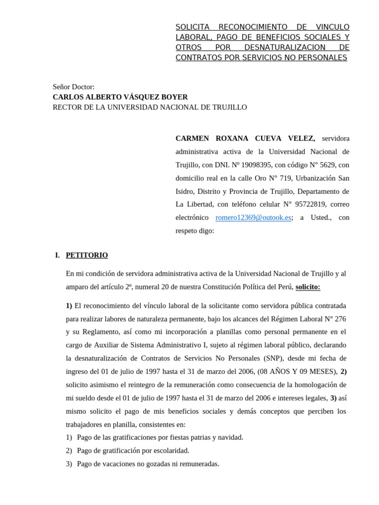 Solicitud Al Rector SNP - Carmen Roxana Cueva Velez | PDF | Derecho laboral | Salario