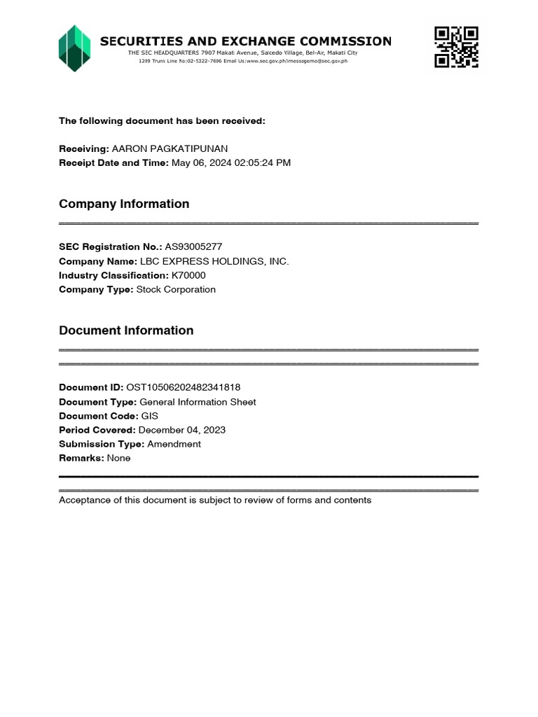 LBC Express - 05 - 06 - 2024 - SEC - LBCEH - 2023 - Amended - GIS | PDF ...