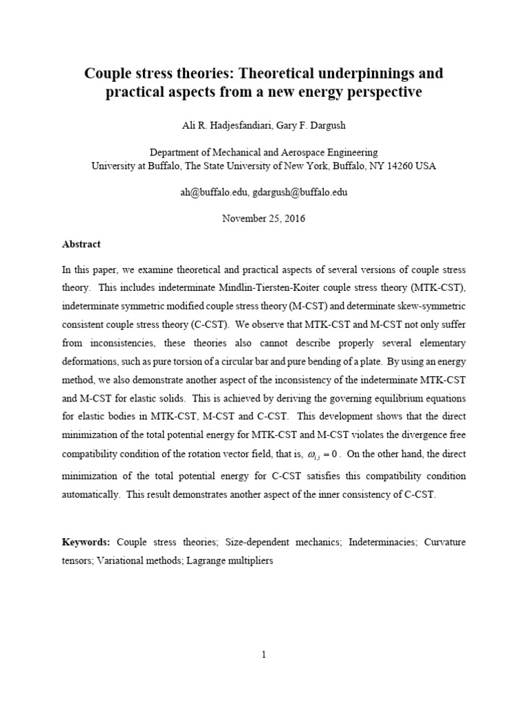 Couple Stress Theories: Energy Insights | PDF | Stress (Mechanics) | Tensor