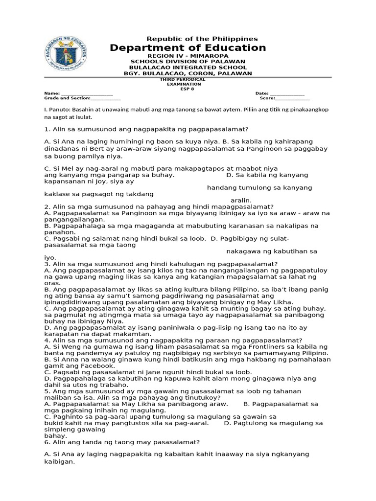 3rD PERIODICAL TEST EsP grADE 8 | PDF