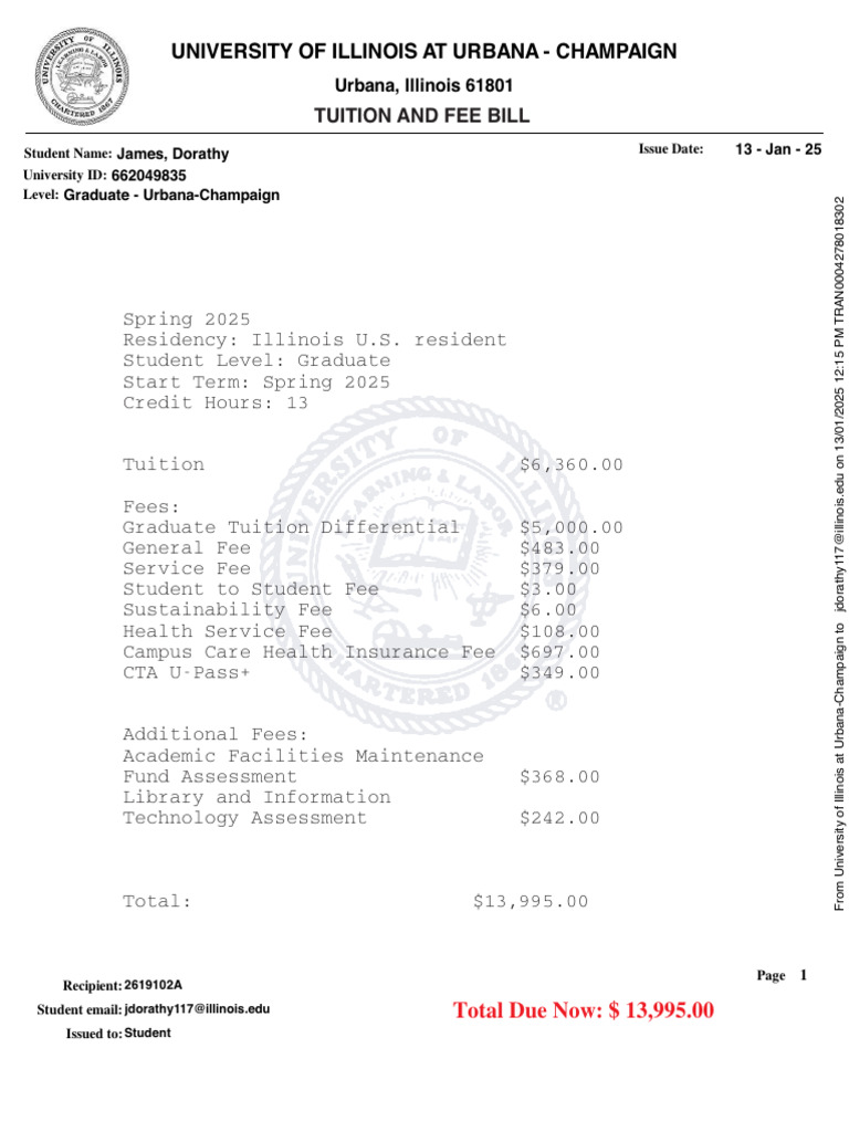 UIU Tuition and Fees Bill Spring 2025 | PDF