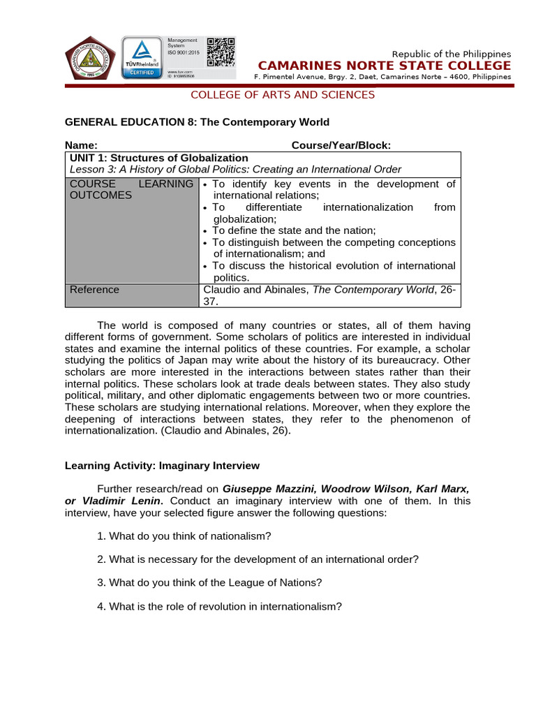 Learning Task 3 | PDF | Internationalism (Politics) | Liberal Arts ...