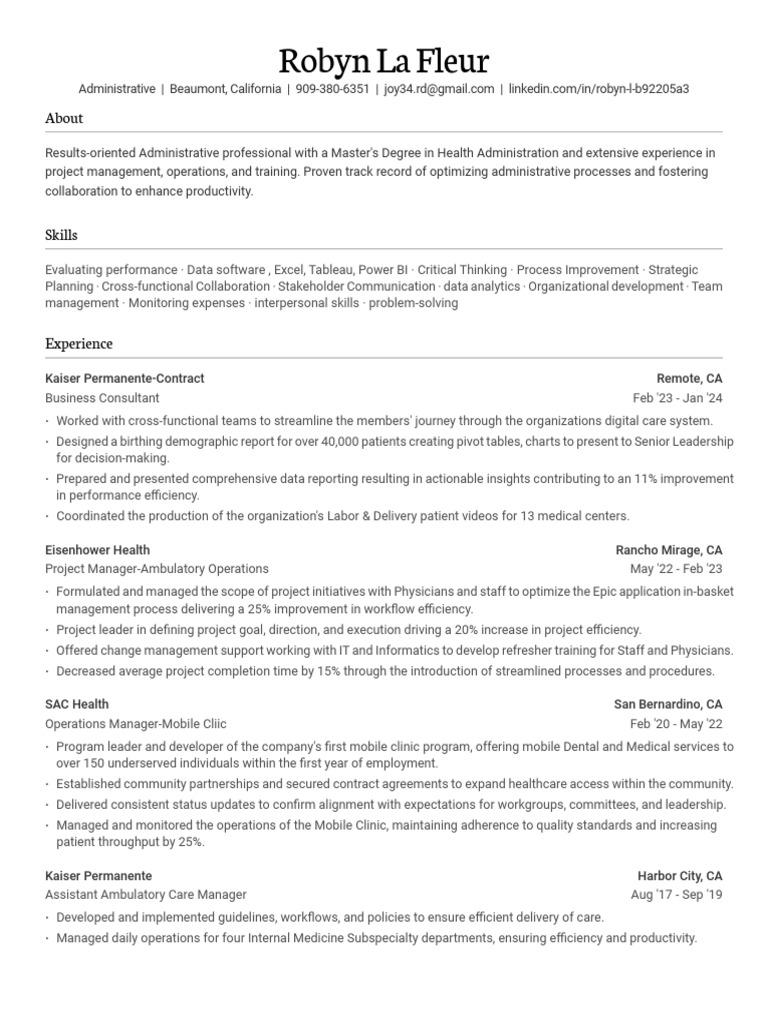 Robyn La Fleur - Administrative - Resume | PDF | Kaiser Permanente | Patient Safety