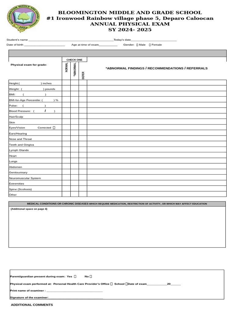 Annual Physical Exam Form 2024-2025 | PDF