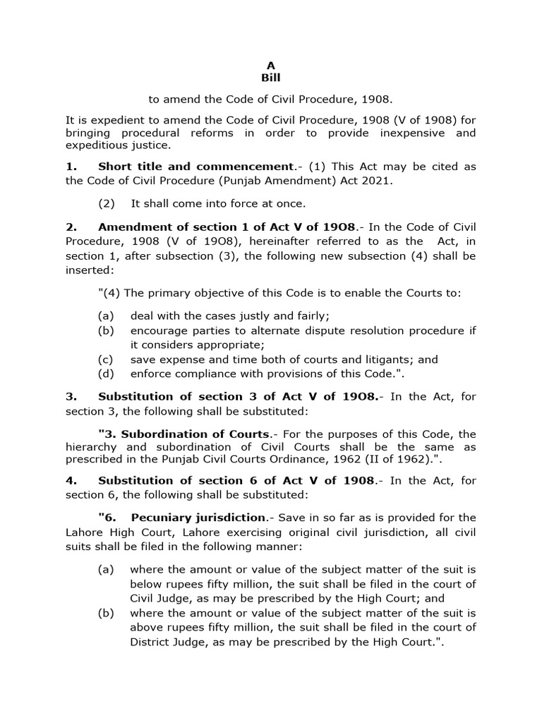Code of Civil Procedure Punjab Amendment Bill 2021 PDF | PDF | Lawsuit ...