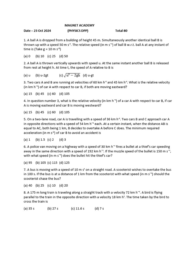 DPP 23 Oct 2024 Physics | PDF | Speed | Classical Mechanics
