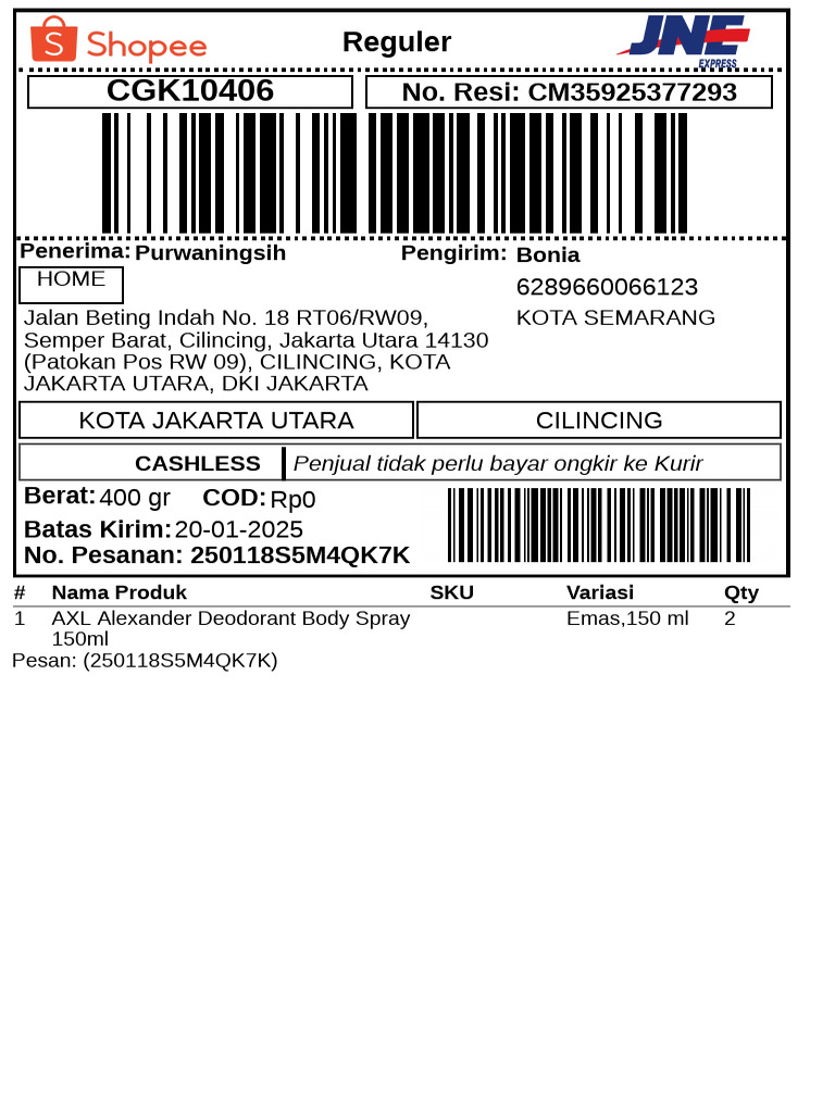 No Resi Cm35925377293 Penerima Bonia Purwaningsih Pengirim Pdf