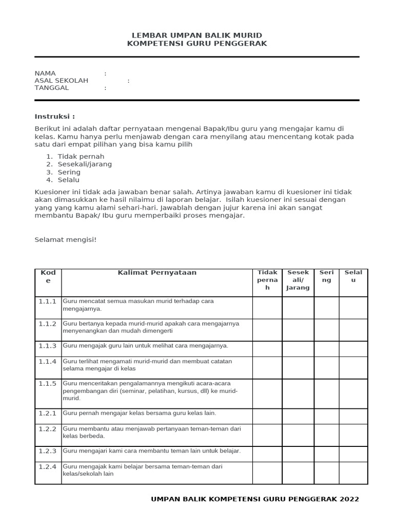 Lembar Kuisioner Murid SMP - SMA | PDF