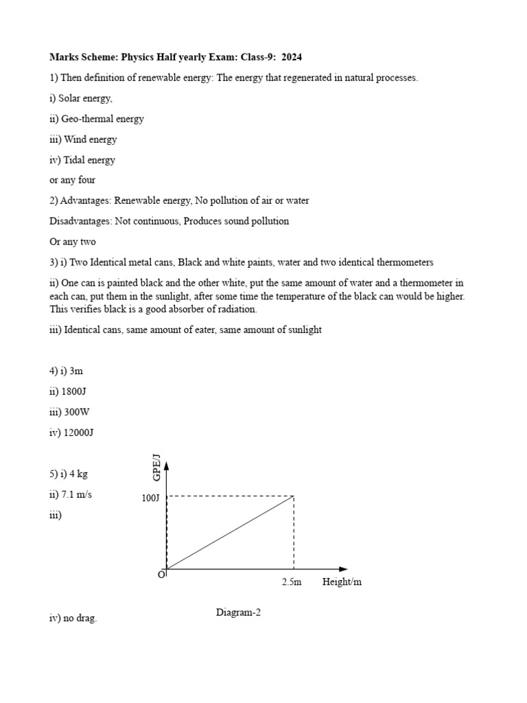 Marks Scheme Physics Half yearly exam 2024 class-9 | PDF