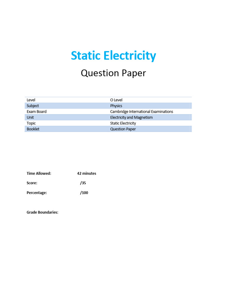 Static Electricity Exam Questions | PDF | Electric Charge | Building ...