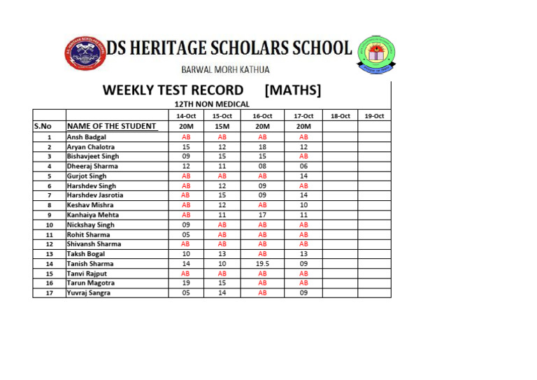 WEEKLY TEST RECORD MATHS 12th NM | PDF