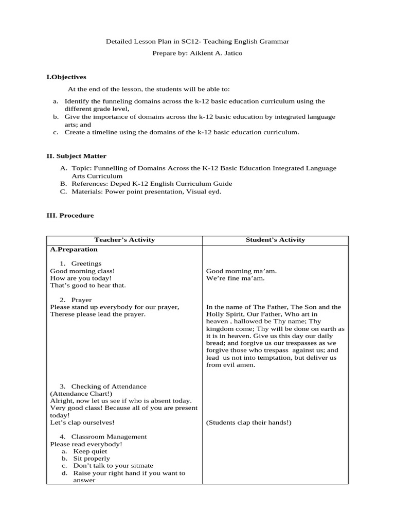 K-12 English Grammar Lesson Plan | PDF | Reading Comprehension | Fluency