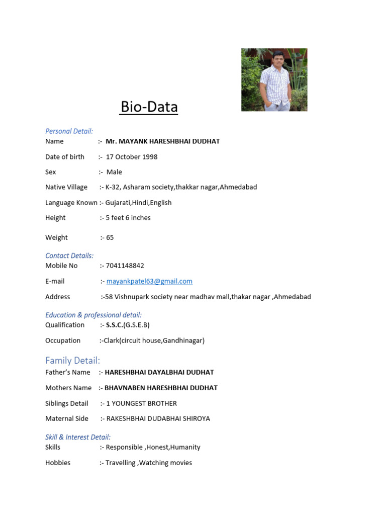 Mayank Biodata by Shubham | PDF