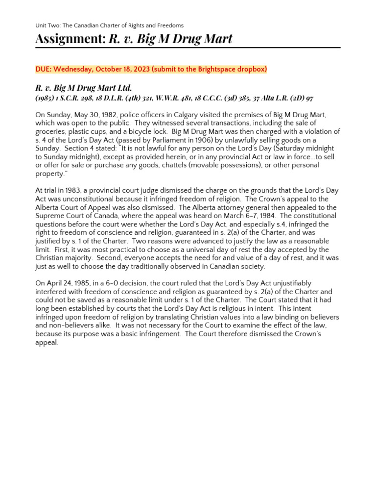 Assignment R. v. Big M Drug Mart 2 | PDF | Justice | Crime & Violence