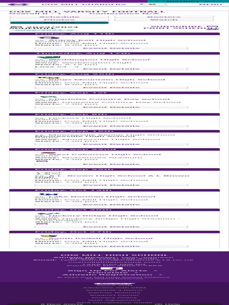 Varsity Football Schedule - Cox Mill Chargers - Concord, NC | PDF ...