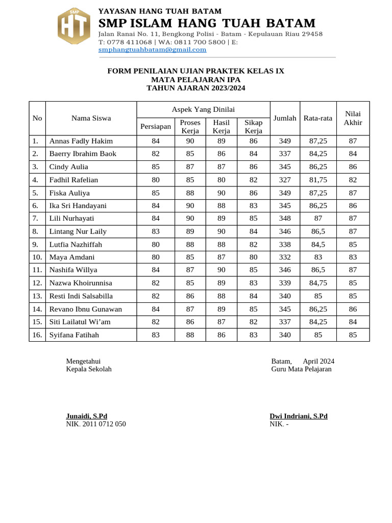 Form Penilaian Ujian Praktek IPA | PDF