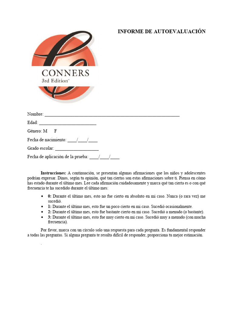 Conners 3 Cuestionario Autoinforme | PDF