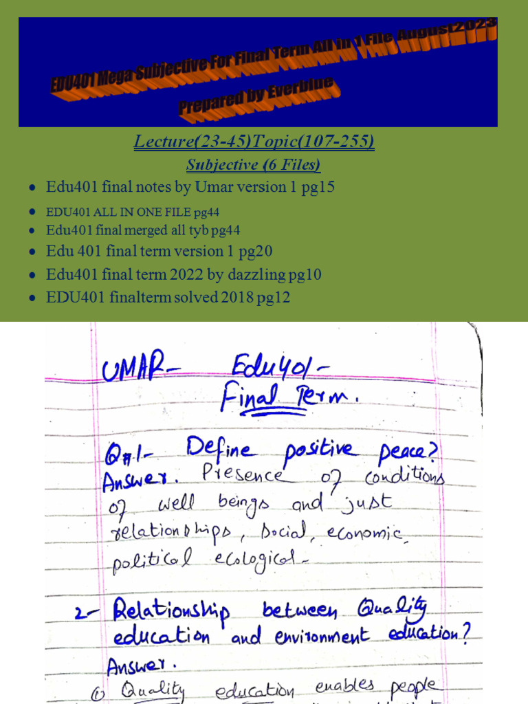 EDU401 Mark Mega Subjective for Final Term All in 1 File by Everblue ...