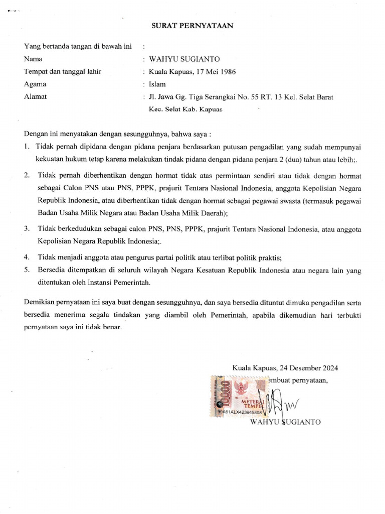 SURAT PERNYATAAN WAHYU | PDF