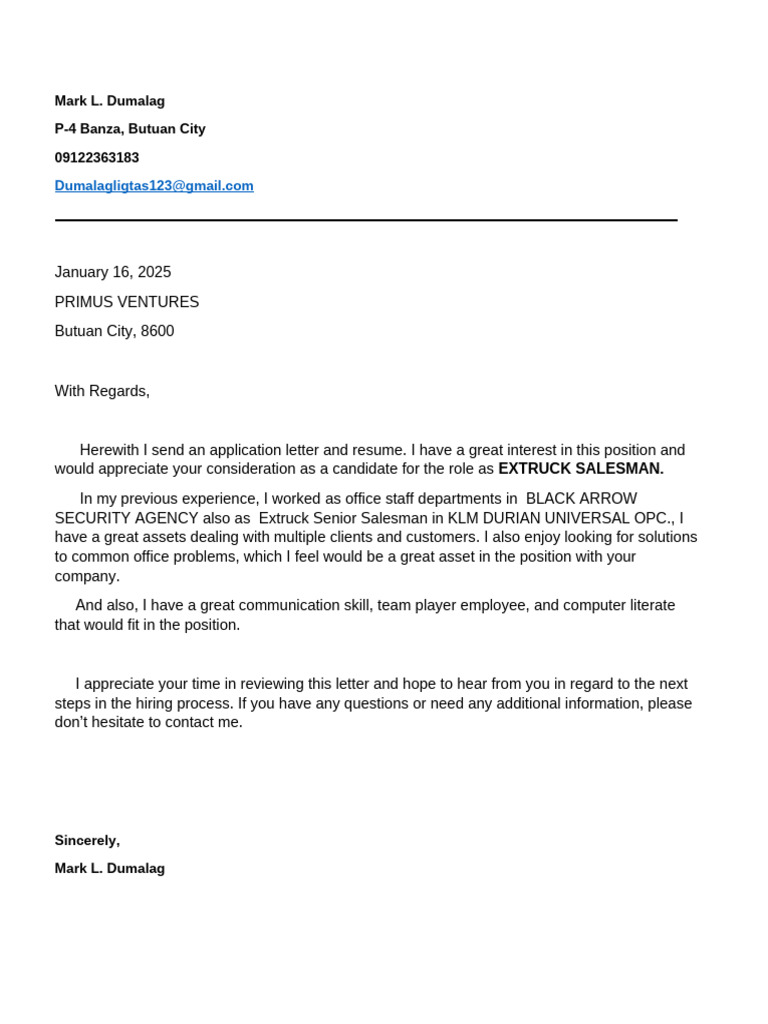 Mark Dumalag Application | PDF