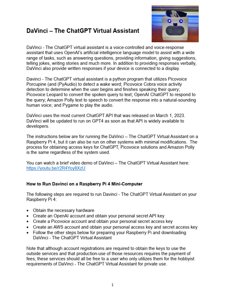 DaVinci - The ChatGPT Virtual Assistant Instructions | PDF | Raspberry ...