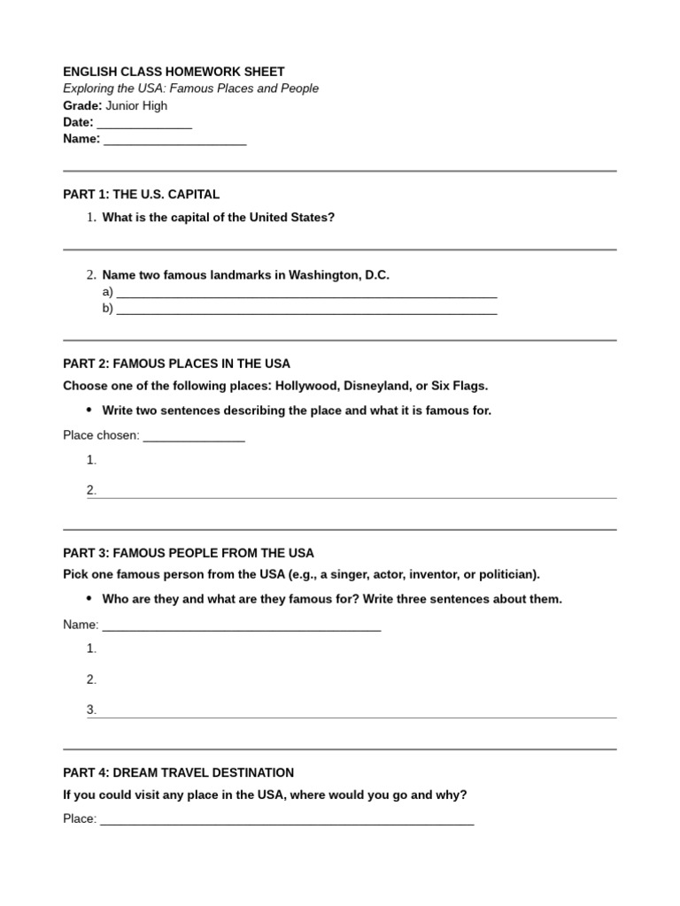 English Class Homework Famous Places and People From US | PDF