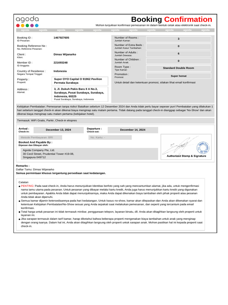 Confirmation For Booking ID # 1467927605 | PDF