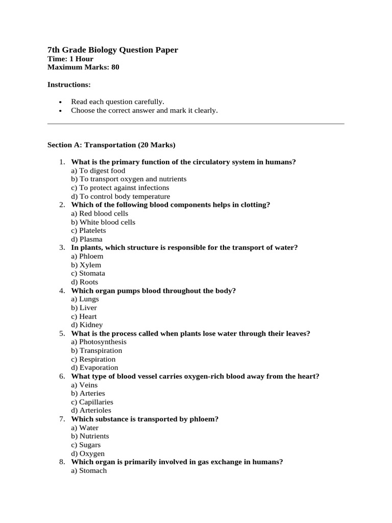 7th Grade Science Exam Paper | PDF | Forests | Blood