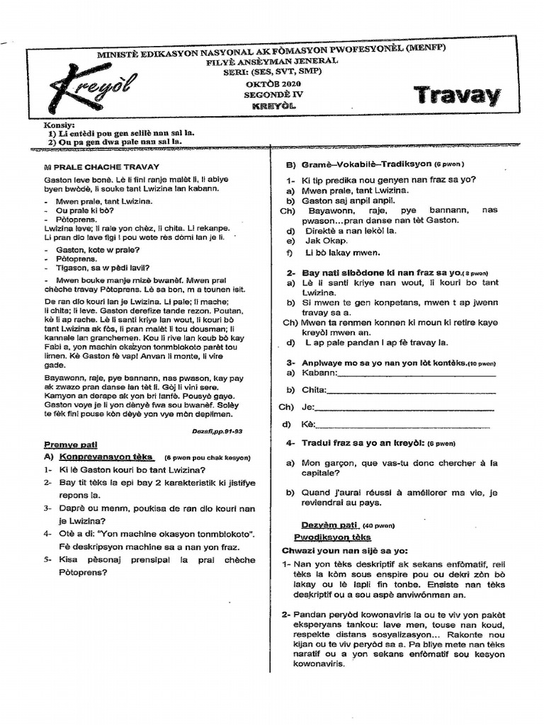 Kreyol 2020 Ses-Svt-Smp Travay | PDF