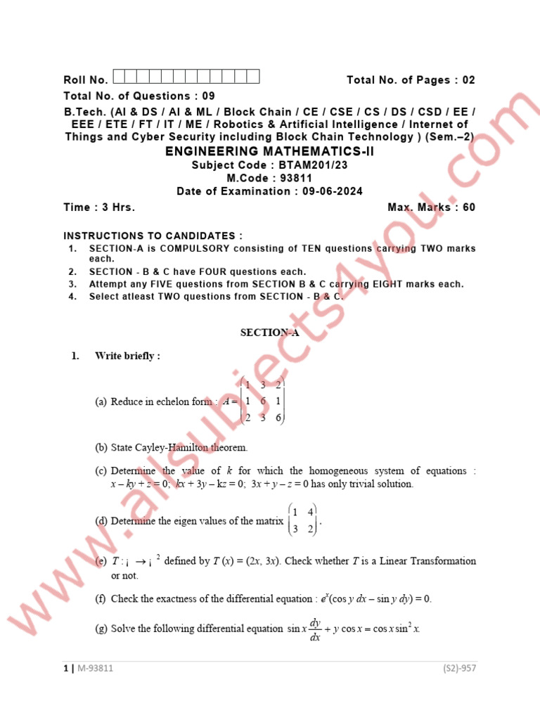 Btech Sem 2 Btam 201 23 Engineering Mathematics Ii | PDF | Linear Map ...