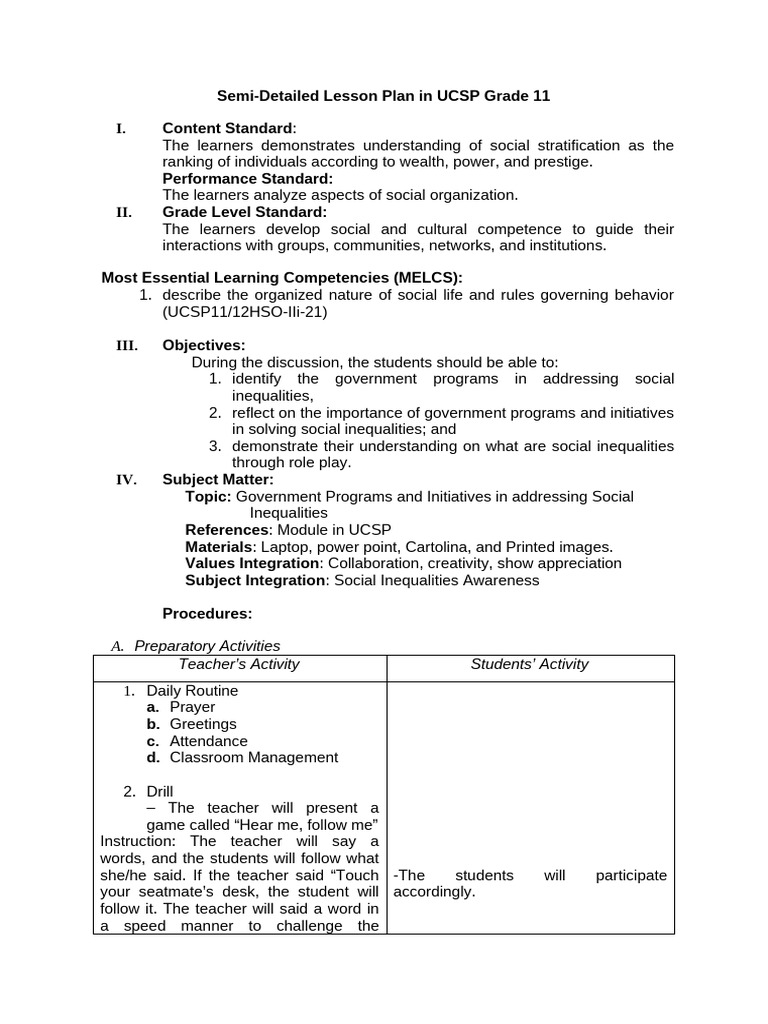Grade 11 UCSP Lesson Plan on Social Inequalities | PDF | Learning ...