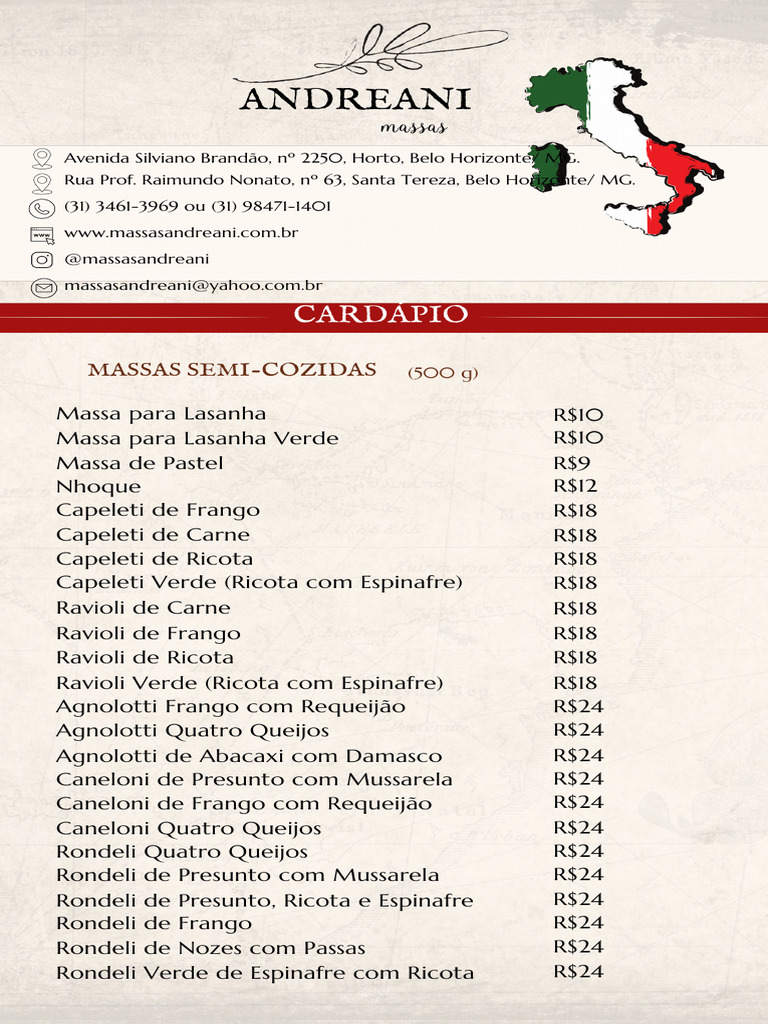 Cardápio Massas Andreani | PDF | Culinária italiana | Culinária africana