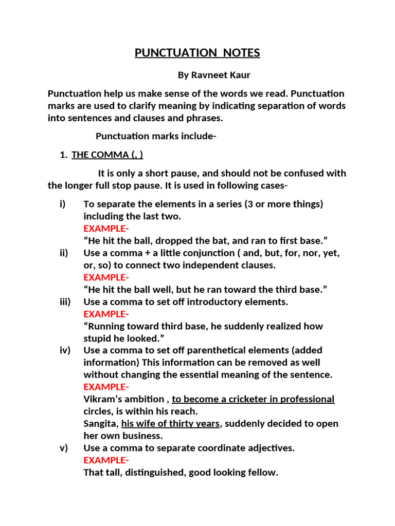 Punctuation Notes by Ravneet Kaur | PDF | Comma | Orthography