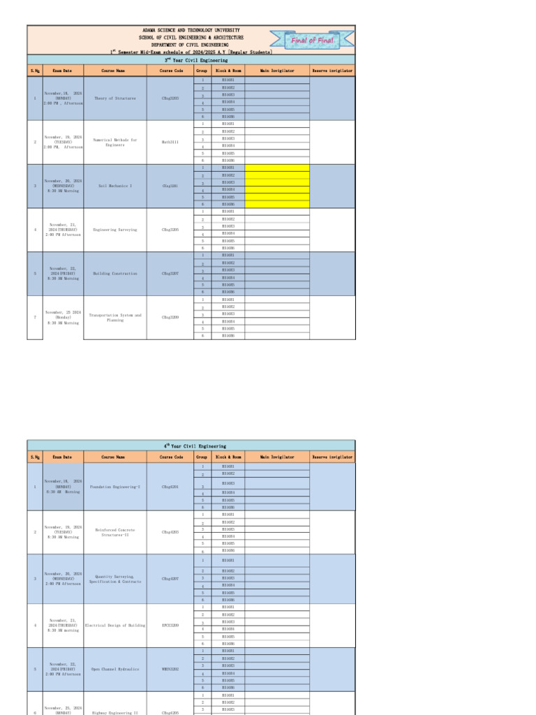 CE Mid Exam Schedule (1) | PDF | Civil Engineering | Engineering