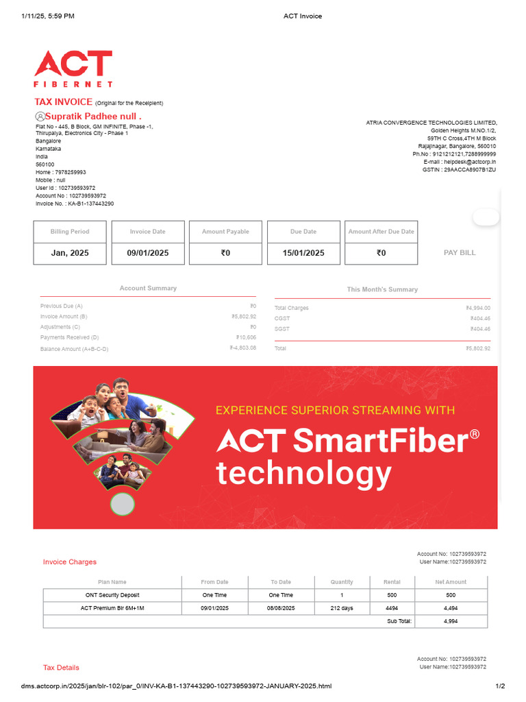 Bill Purchase ACT INTERNET JAN JULY INTERNET BILL | PDF | Invoice | Taxes