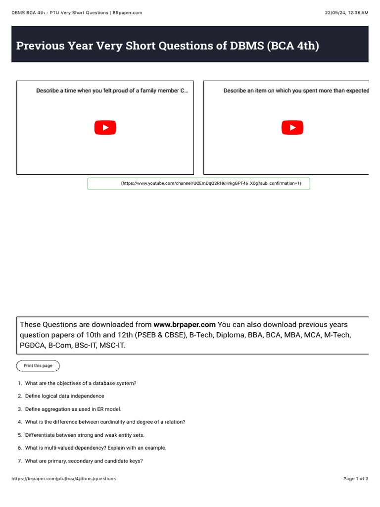 DBMS BCA 4th - PTU Very Short Questions | PDF | Databases | Computer Science