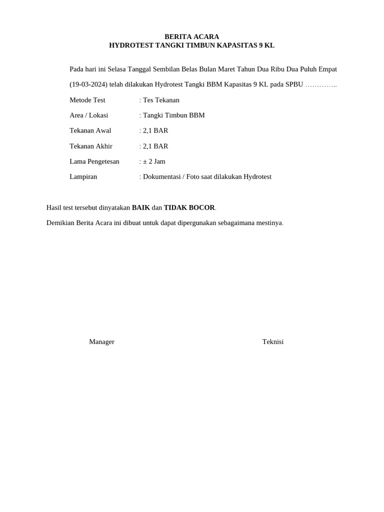 Berita Acara Hydrotest Tangki | PDF