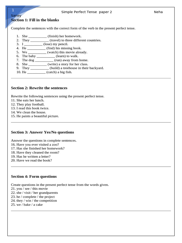 Present Perfect Tense Paper 2 | PDF | Perfect (Grammar) | Linguistic ...