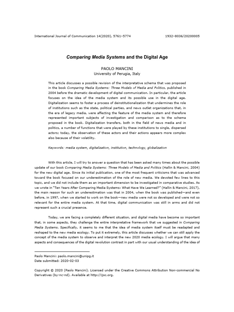 Comparing Media Systems and The Digital Age | PDF | System | News