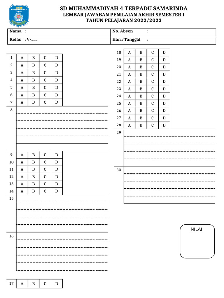Lembar Jawaban LJK MTK PAS GANJIL Kelas 5 | PDF