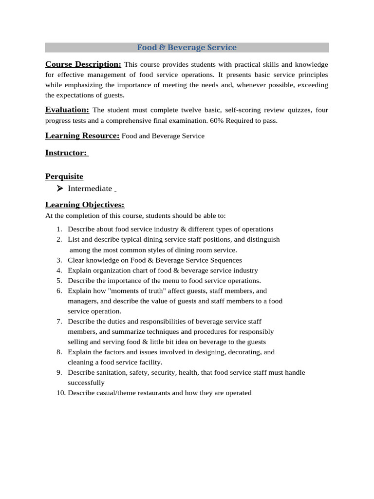 Food & Beverage Service Management Course | PDF