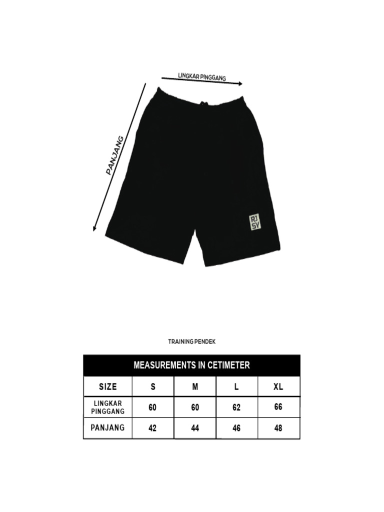 Size Chart Training Pendek | PDF
