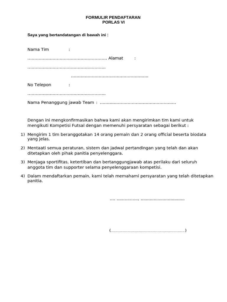 Formulir Pendaftaran Tim Futsal PORLAS VI | PDF