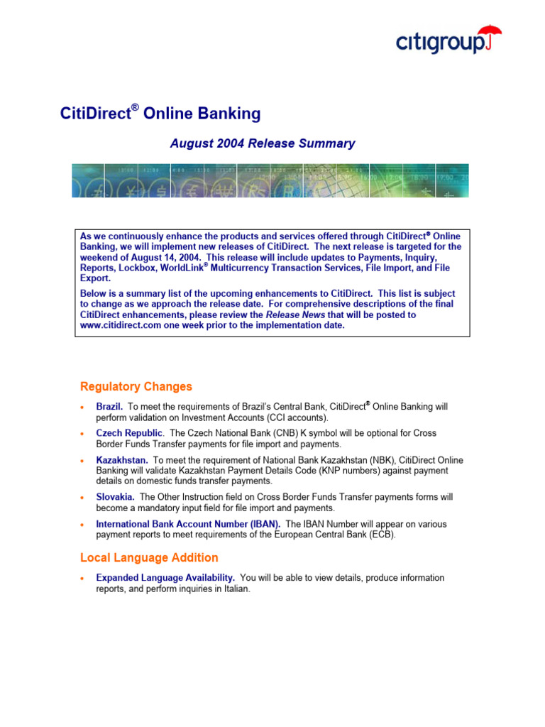 CitiDirect Release Summary 804 | PDF | Financial Services | Computing